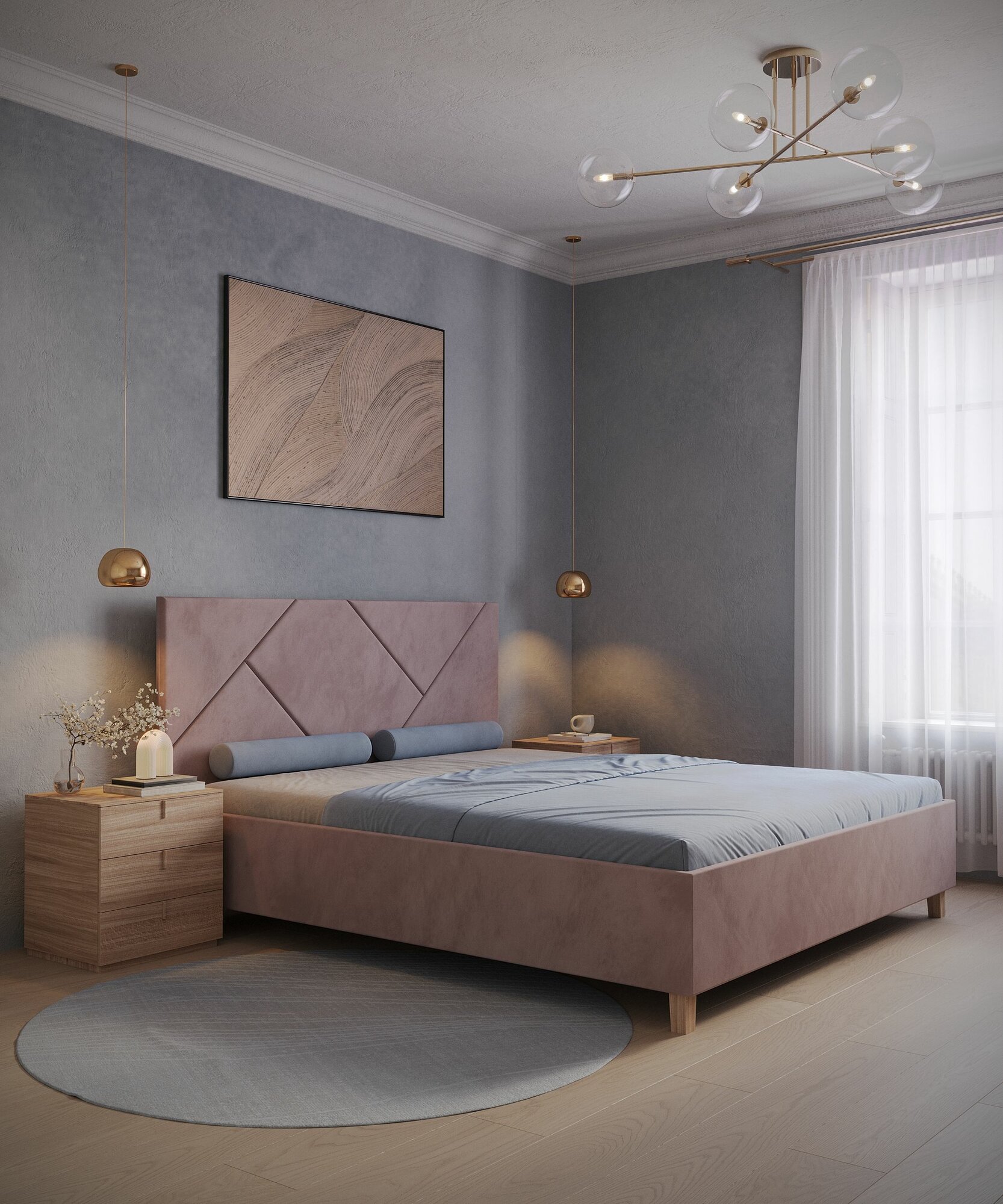 180х200, InRoom двуспальная кровать с подъемным механизмом, Delta, два ящика для белья, пыльная роза , с ножками