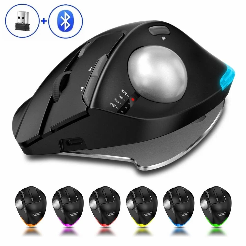 Milochic Мышь беспроводная Трехрежимная беспроводная мышь с 8 кнопками Bluetooth 2.4G для программирования трекбола и зарядки, регулируемый угол наклона, черный