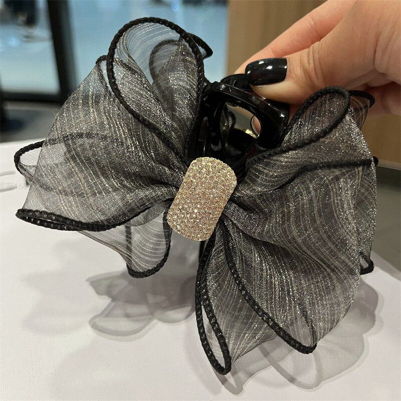 Заколка-бантик, корейская версия, двусторонний бант, кружевная сетка, красная, с бриллиантами