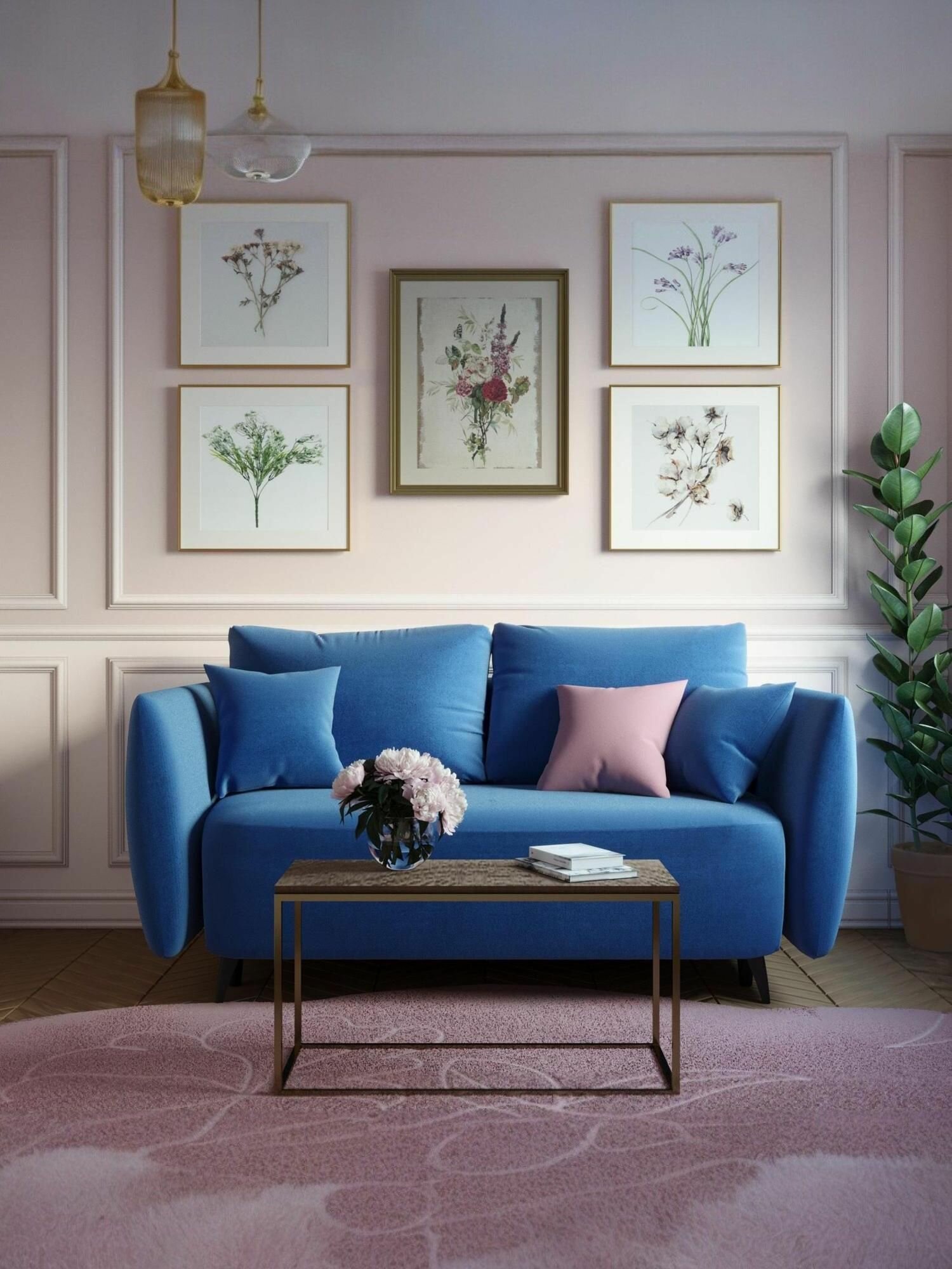 Прямой диван Manons Maison Galaxy, раскладной механизм Еврокнижка, Велюр Синий, 171х89х89 см