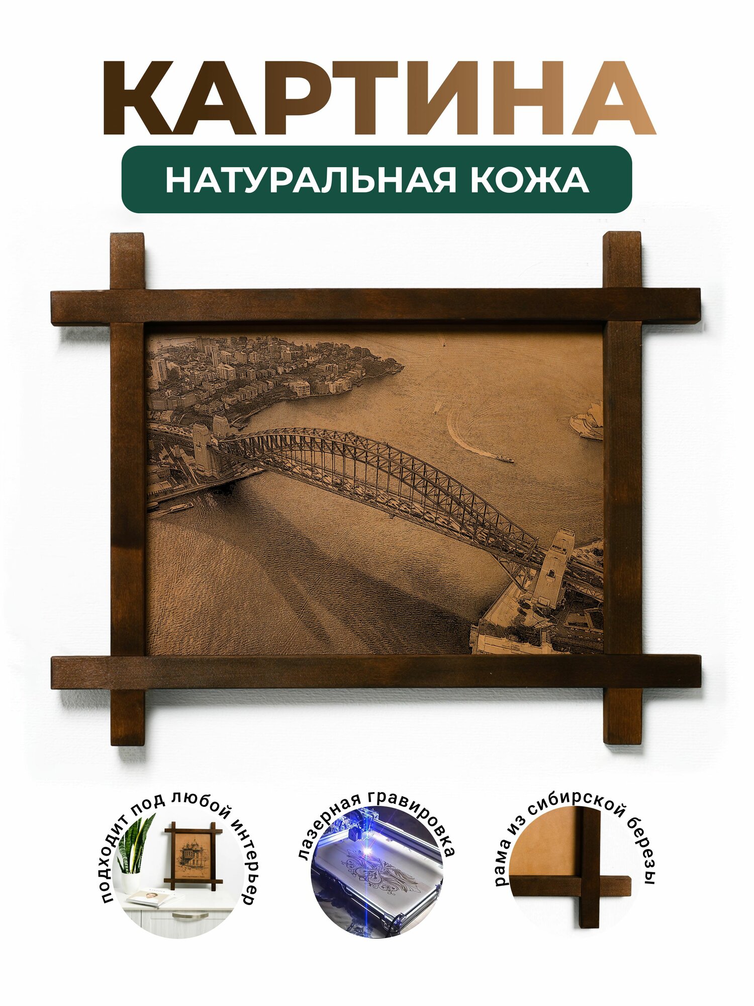 Картина интерьерная, натуральная кожа, "Мост Харбор-Бридж, Австралия", в деревянной раме, BoomGift