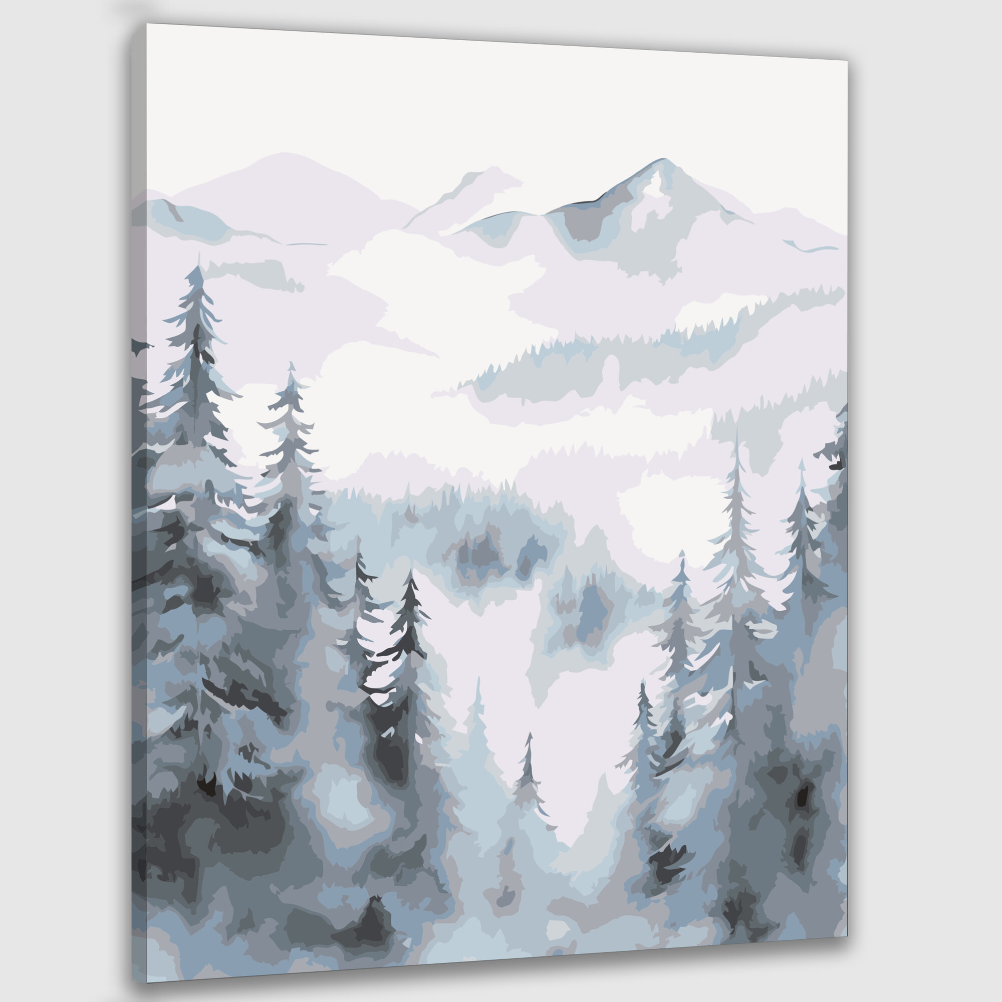 Картина по номерам 40x50 см, акварельная картина, заснеженные горы, туманные облака, сосновый лес, снежная пудра