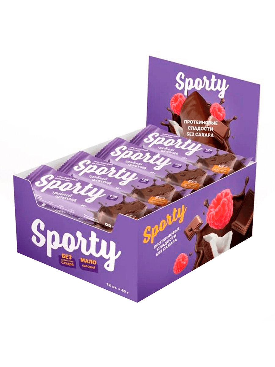 Протеиновый батончик глазированный без сахара, Тройной шоколад, 12шт*40г, SPORTY