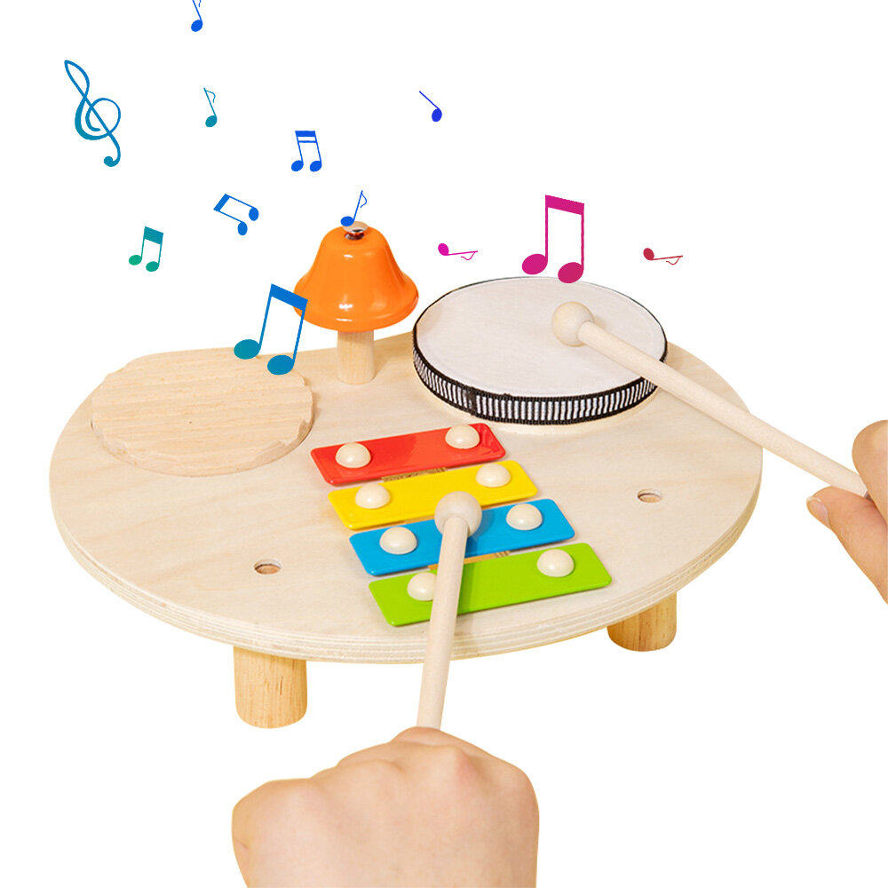 4 в 1 Барабанная установка Деревянный музыкальный ударный инструмент Многофункциональный музыкальный столик для простукивания Ксилофон Скребок Колокольчик Барабан Колокольчик с 2 палочками для простукивания Набор ритмических ударов для подарка на