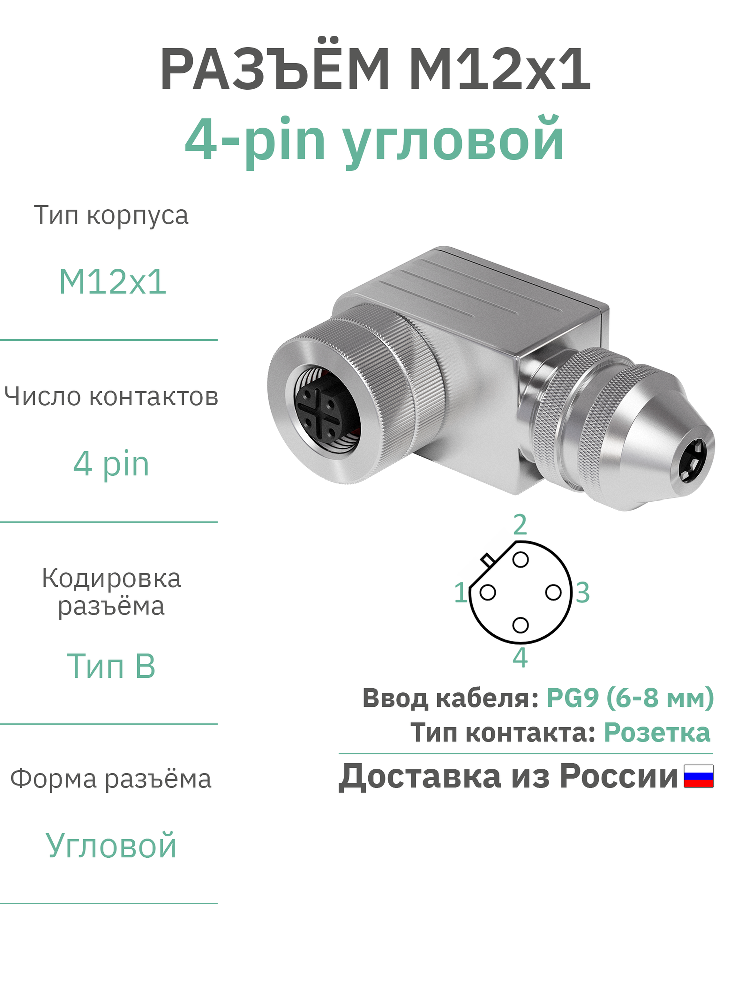 Разъём M12 B-coding Ethernet 4 pin угловой / розетка (мама) / PG9 (6-8 мм диаметр под кабель) / модель RAZM-F12-C4A-CODE-B-PG9-LT