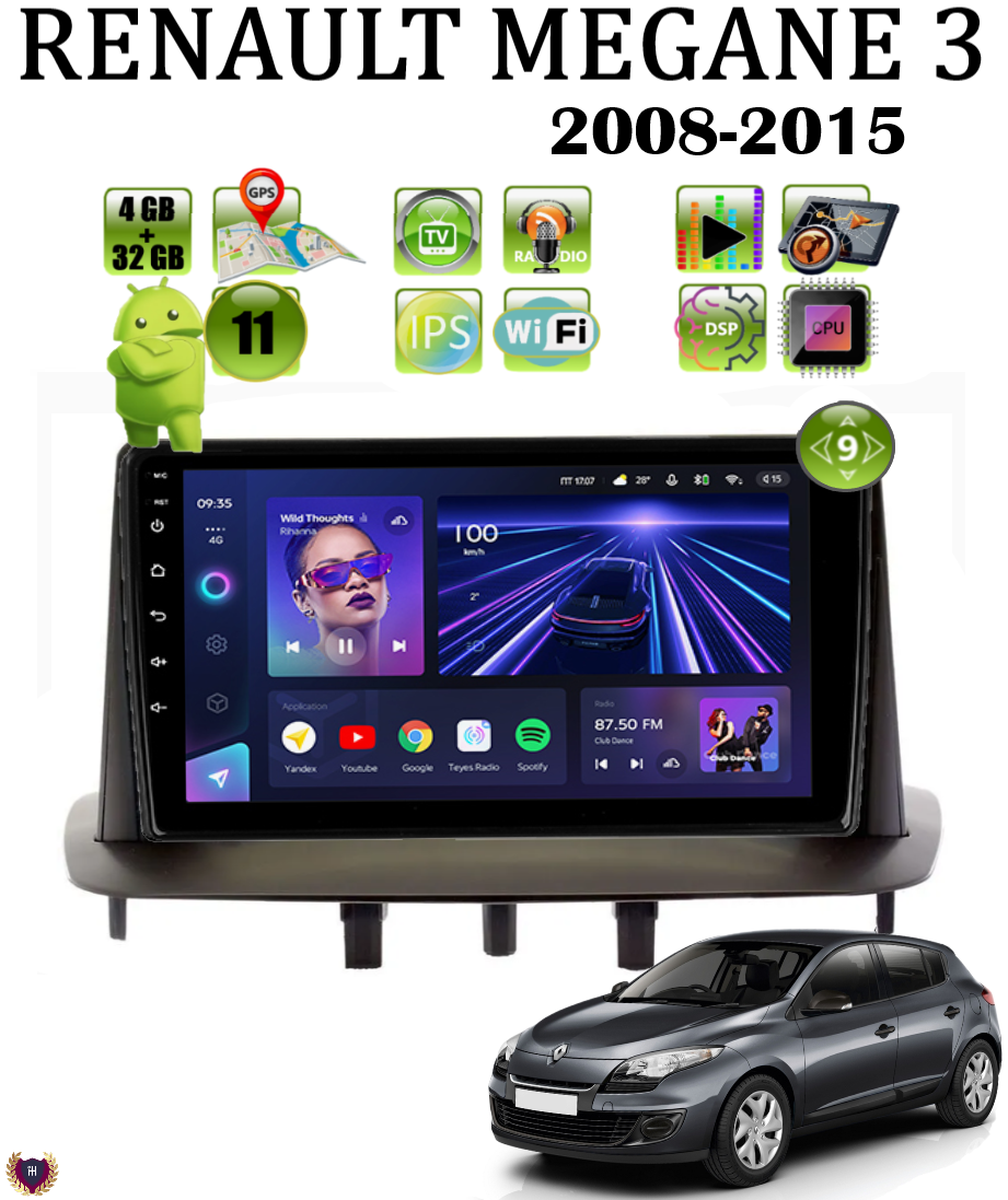 Автомагнитола для Renault Megane 3/Рено Меган (2008-2015), Android 11, 4/32 GB, Bluetooth, WiFi, CarPlay, GPS, поддержка кнопок на руле