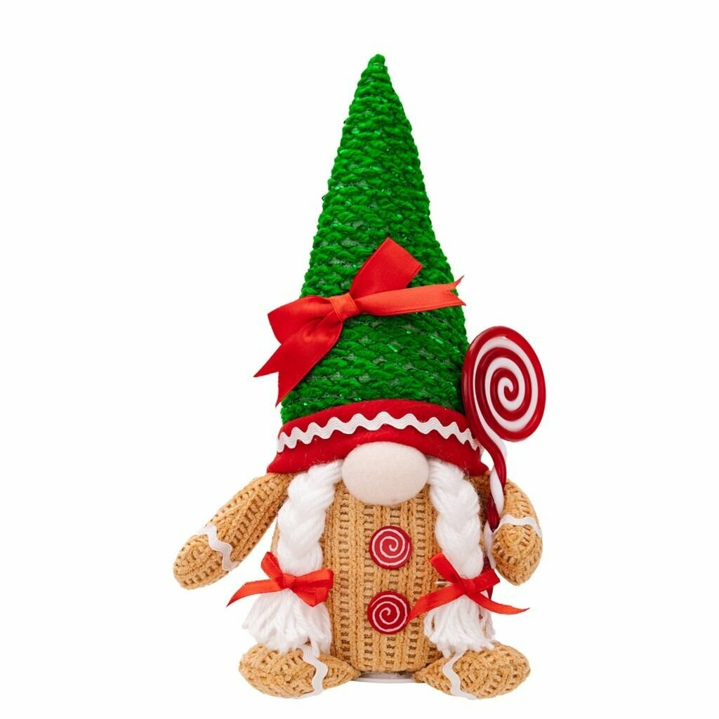 Рождественский безликий пряничный человечек с гирляндами, стоячими украшениями и леденцами в руках