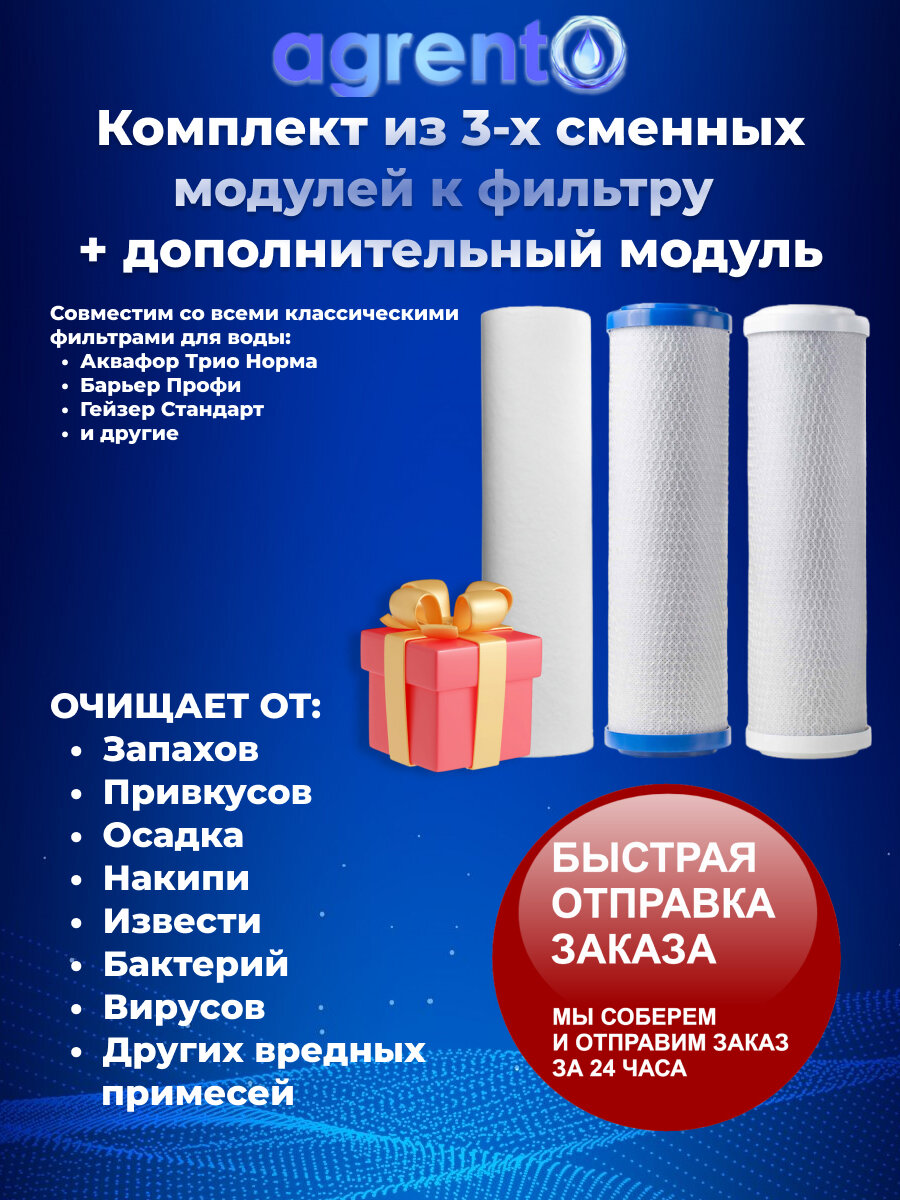 Комплект сменных к фильтру АКВАФОР трио норма, Гейзер стандарт, Барьер профи и других из 3х колб + дополнительный модуль