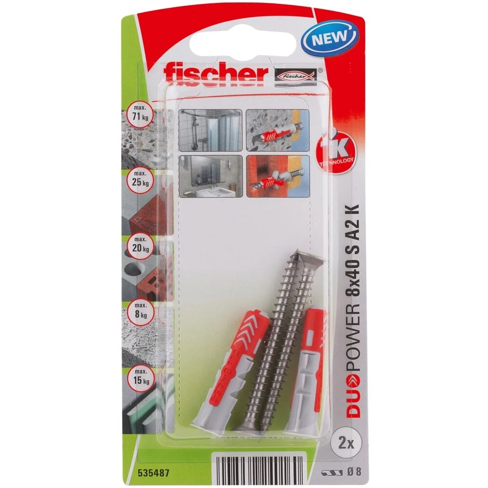 Дюбель Fischer DuoPower, для бетона, газобетона, кирпича, 8x40 мм, 2 шт