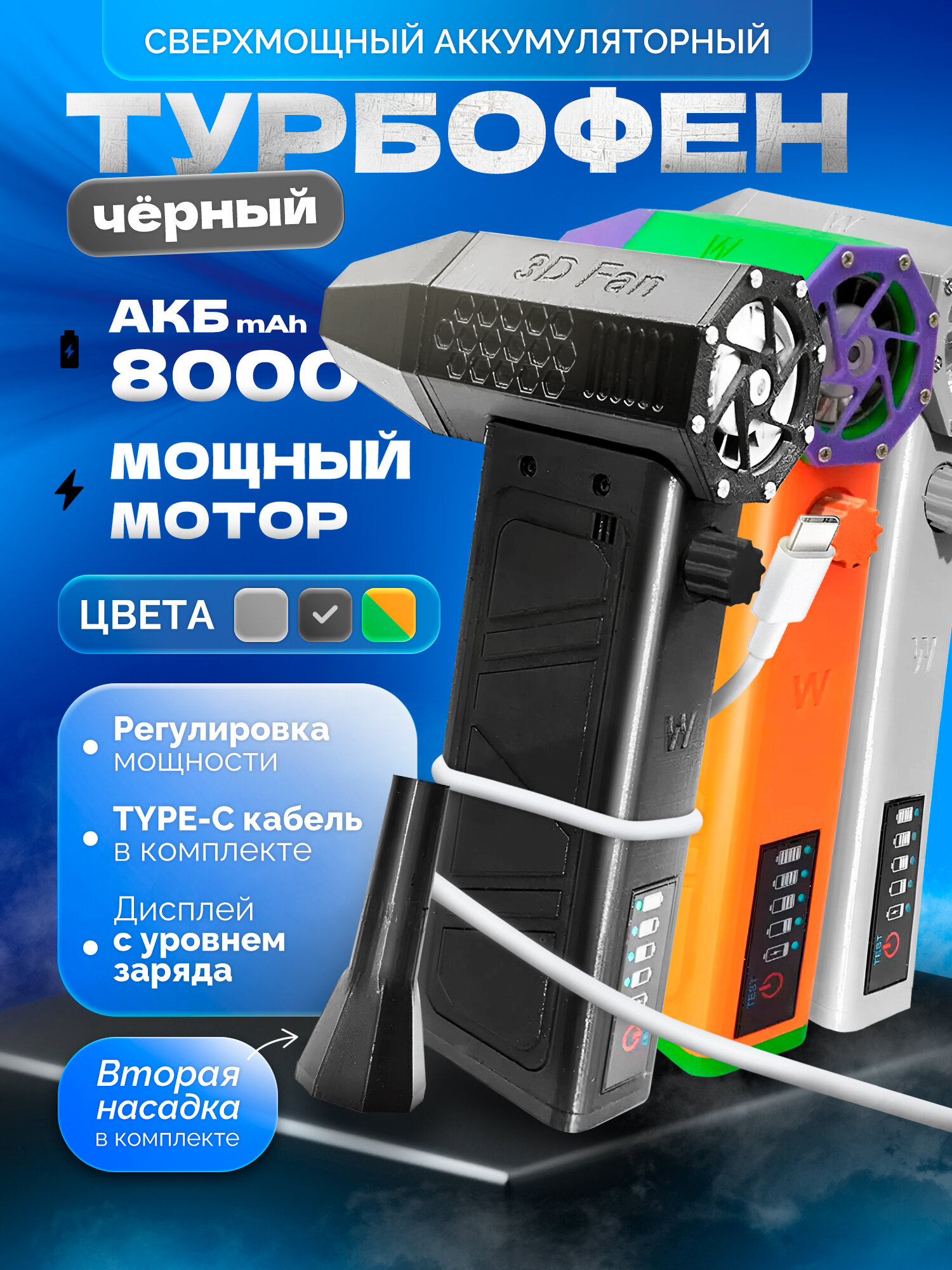 Турбофен для розжига углей и костра, воздуходувка аккумуляторная портативная, фен для мангала и барбекю, USB Type-C, с насадкой и кабелем, для дачи, походов и кемпинга