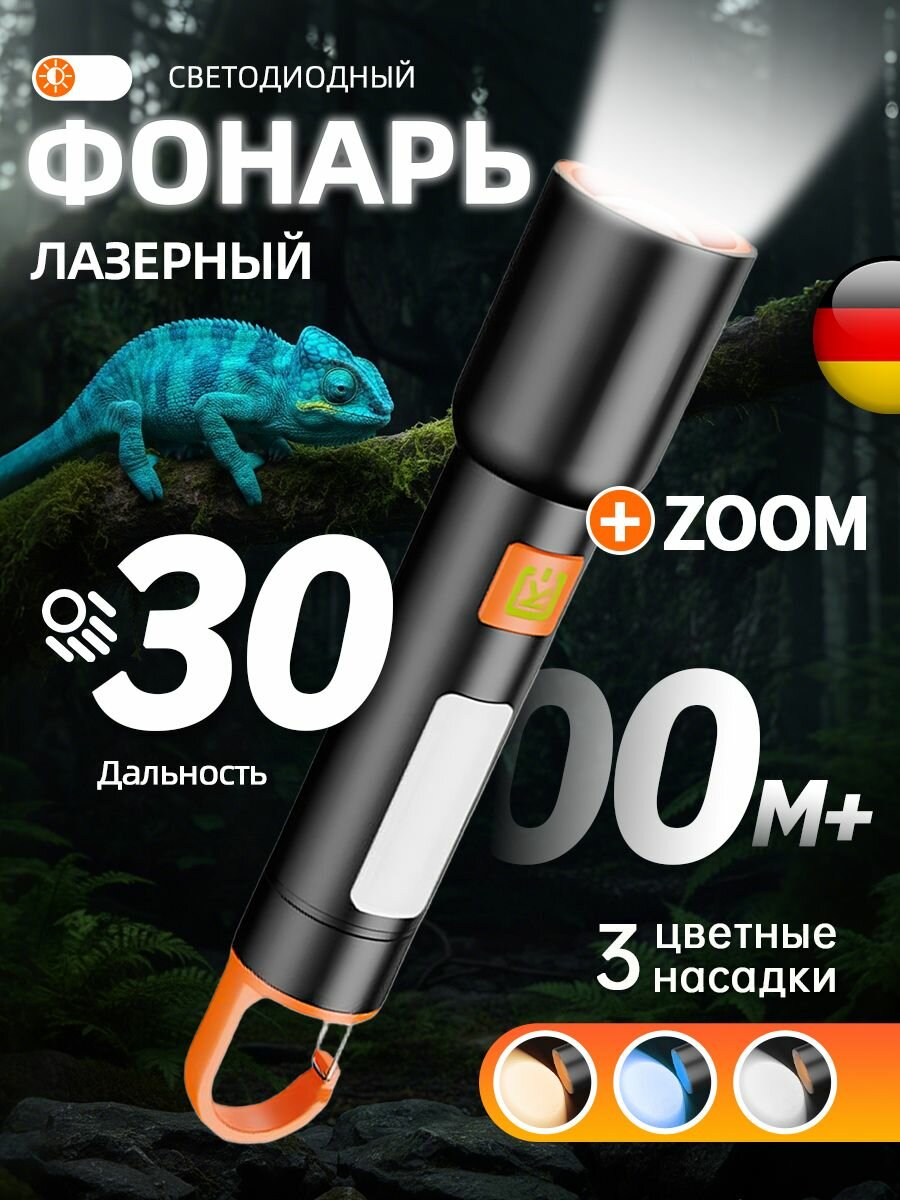 Фонарь аккумуляторный ручной спортивный фонарик с ZOOM эффектом и подсветкой