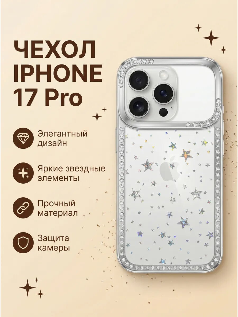 Чехол на Iphone 17 Pro , прозрачный , с рисунком звезд, блестящий .