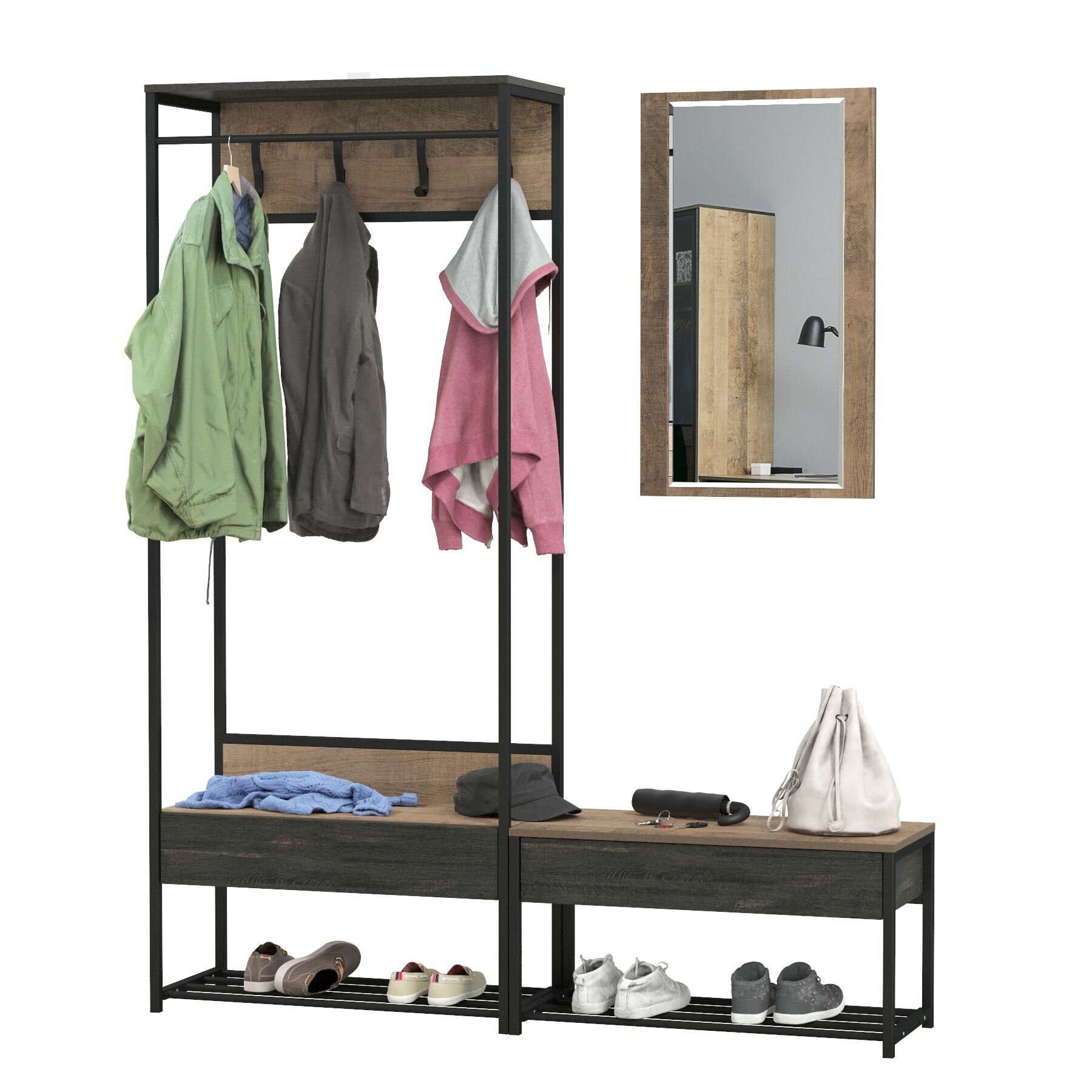 Прихожая 15.120 с зеркалом и тумбой для обуви с сиденьем Трувор, цвет дуб гранж песочный/интра, ШхГхВ 160х36,6х194,2 см.