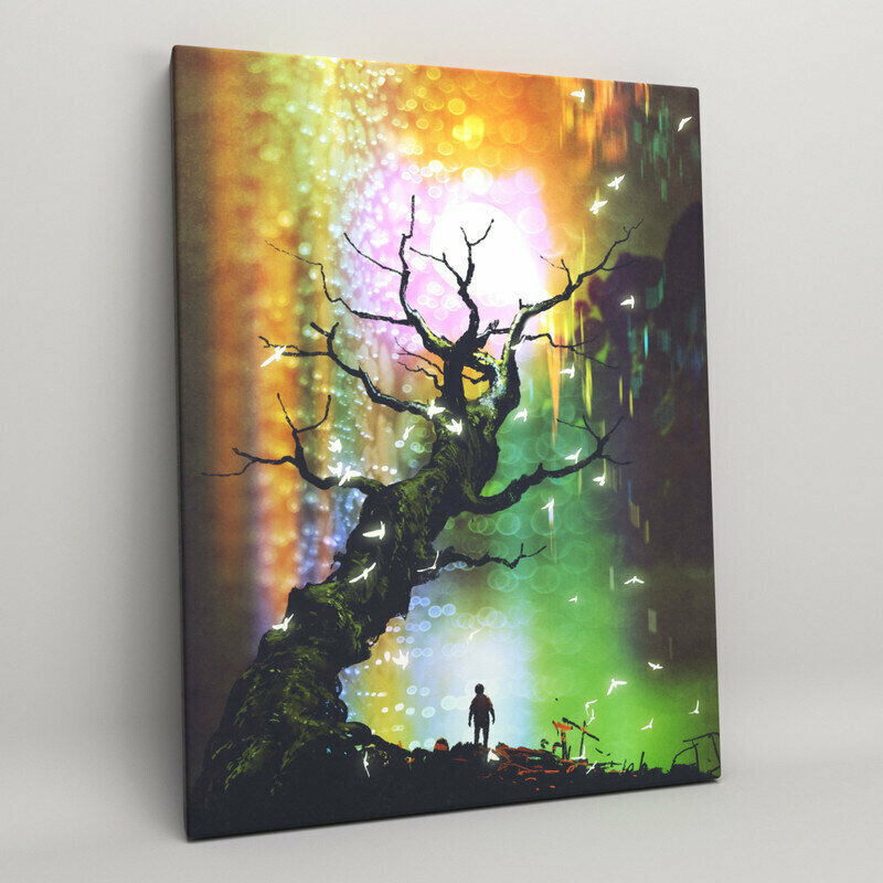 Картина на холсте (интерьерный постер) "Птицы, дерево и мальчик", с деревянным подрамником, размер 22x30 см