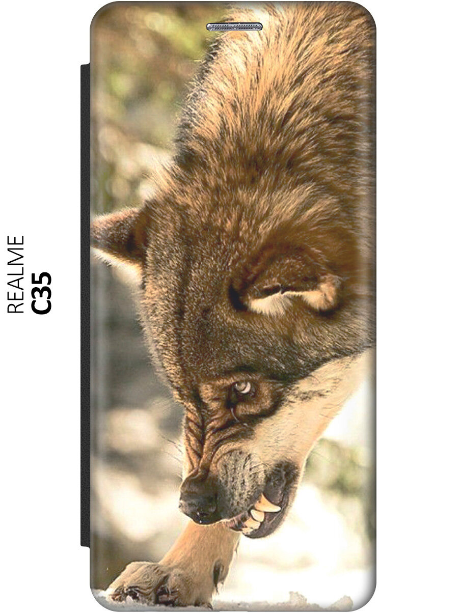 Чехол-книжка Лютый волк на Realme C35 / Рилми С35 черный