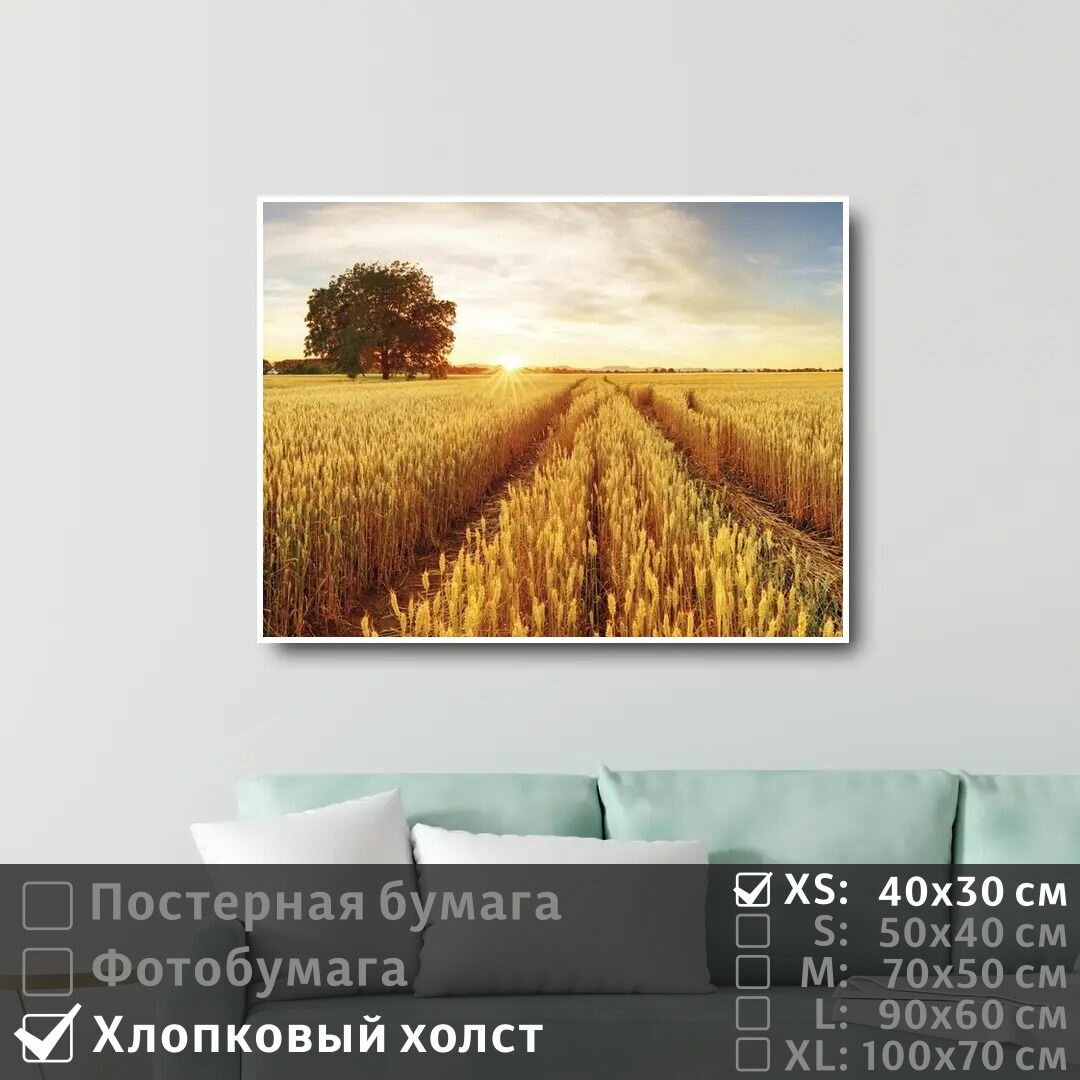 Постер на холсте Восход Солнца Над Пшеничным Полем 40х30 см ПолиЦентр