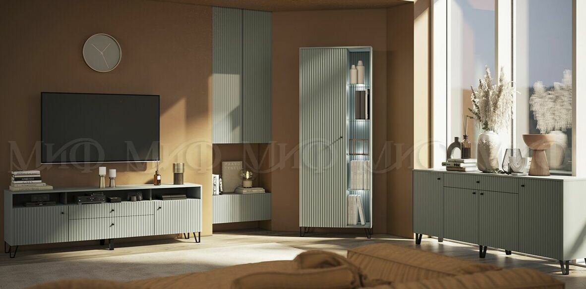 Гостиная МиФ Оливия 6.2, современный стиль, тумба ТВ, навесные шкафы, комод, серый/голубой