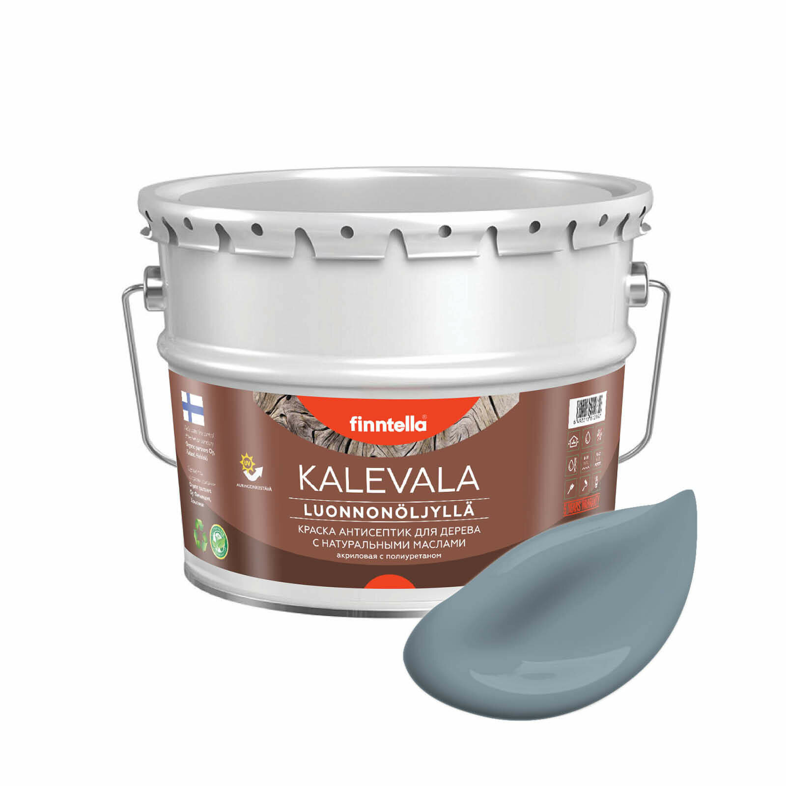 Краска для дерева и деревянных фасадов FINNTELLA KALEVALA, с натуральным маслом и полиуретаном, цвет LIUSKEKIVI (серо-синий) , 9л