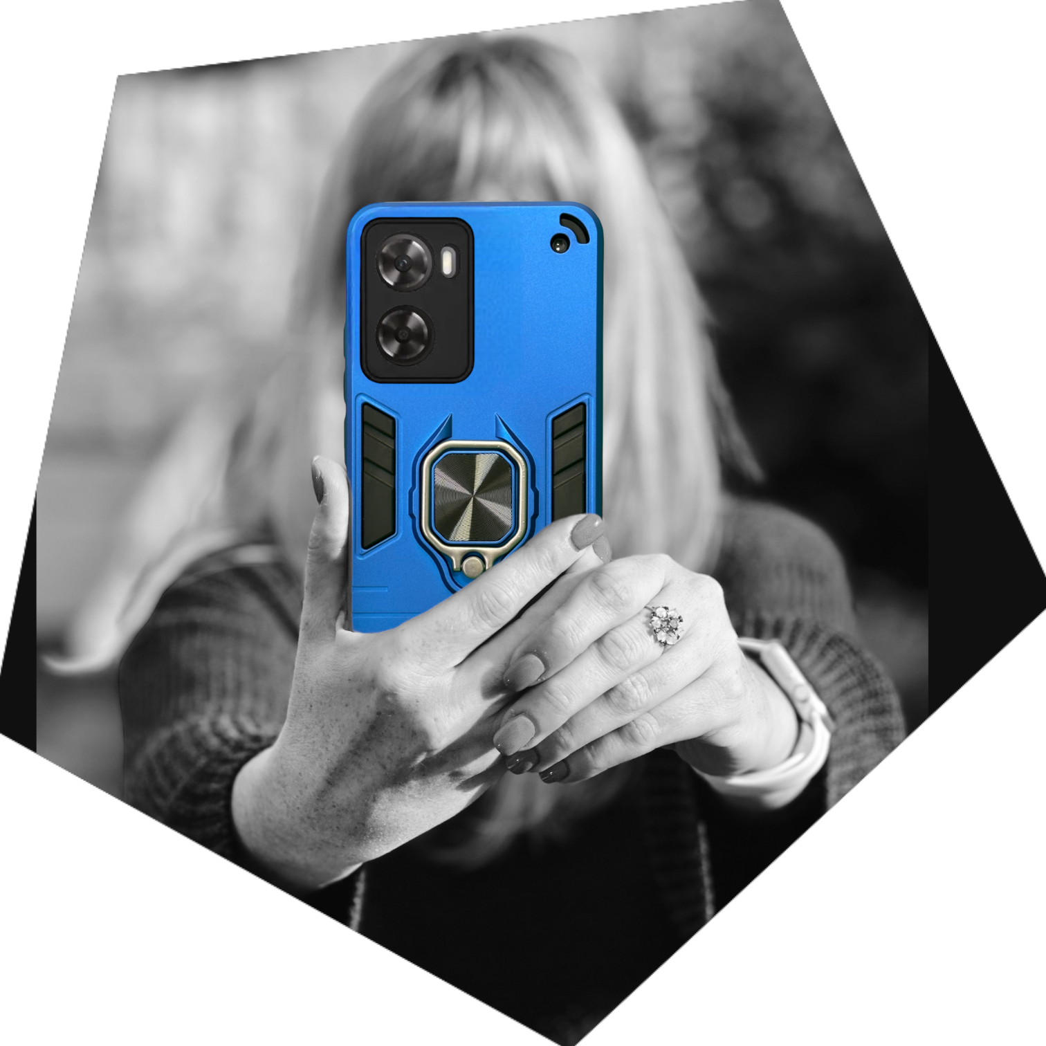 Противоударный чехол на Oppo A57s (CPH2385) (6.56"), синий. Кольцо-держатель и магнитное крепление, яркие пластиковые защитные вставки