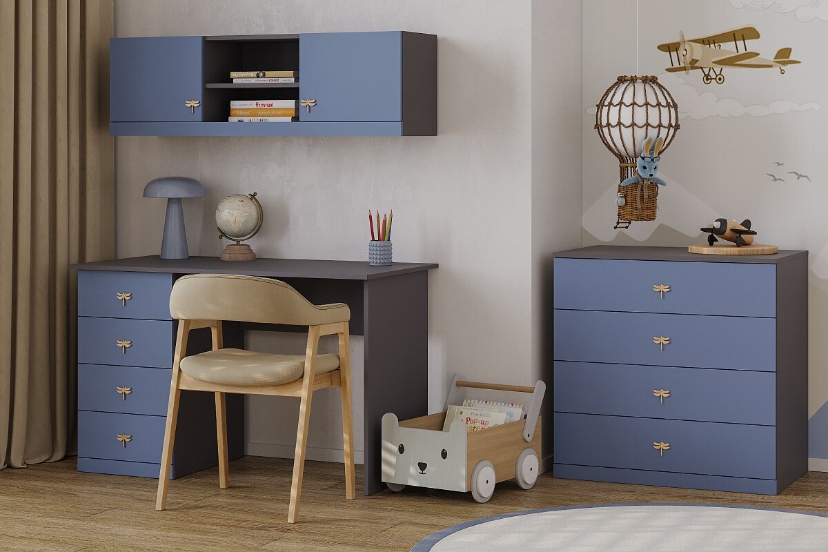 Детская стенка МебельЛэнд24 Стрекоза - 3 МДФ Космея 200x60x80 синий с комодом со столом