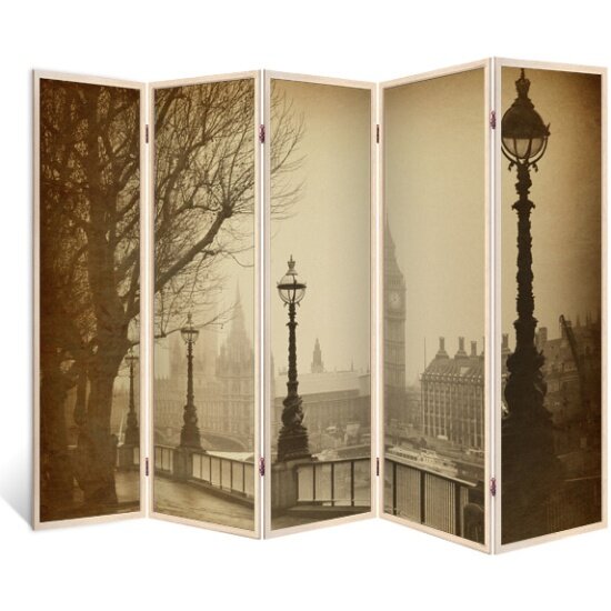 Ширма перегородка Декор Депо для комнаты деревянная "Туманный Лондон" двухсторонняя с картинкой (города) 5 створок кремовый дуб 176х230 см 18 кг