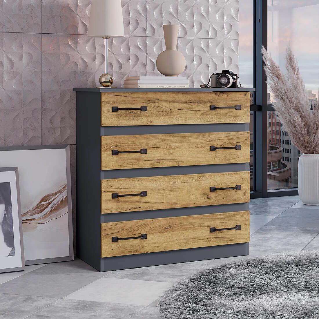 Комод "Лофт", графит/крафт, ЛДСП, 4 ящика, 92 см x 88 см x 46 см