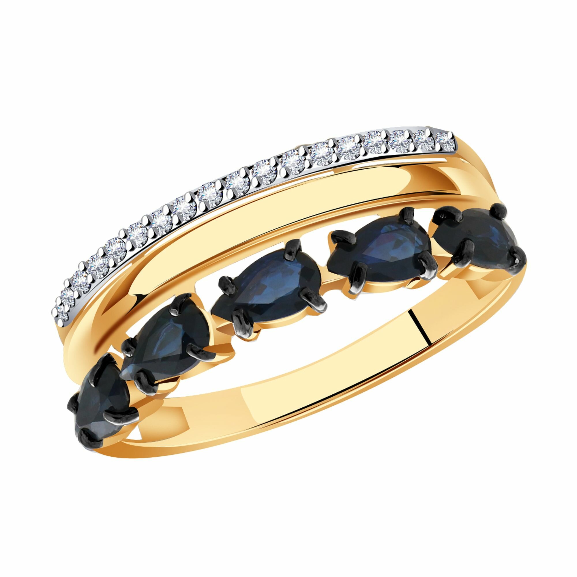 Кольцо дорожка, красное золото, 585 проба, сапфир, бриллиант