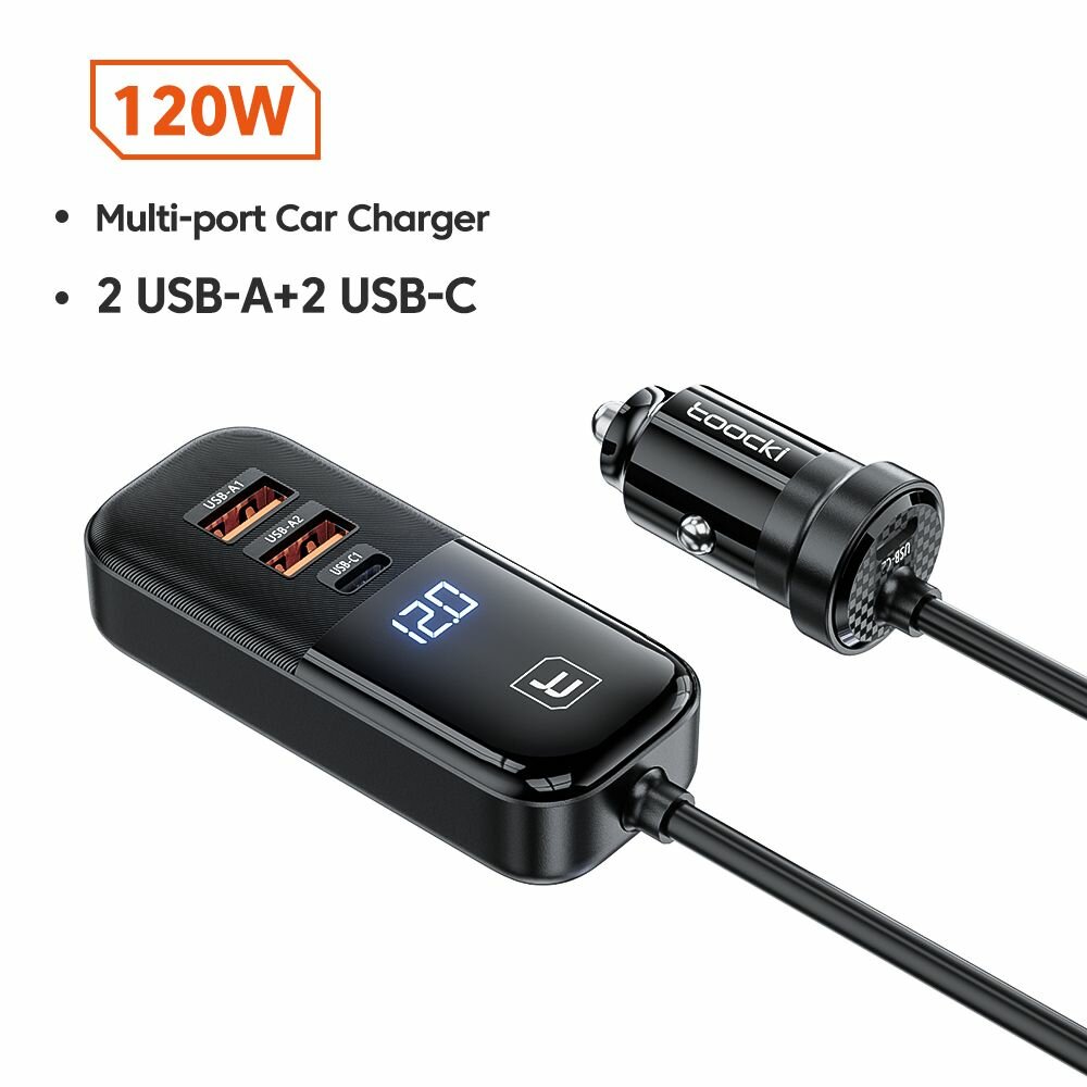 Автомобильное зарядное устройство Toocki, 120 Вт, PD, USB Type C, быстрая зарядка, QC3.0, мульти-порт, цифровой дисплей