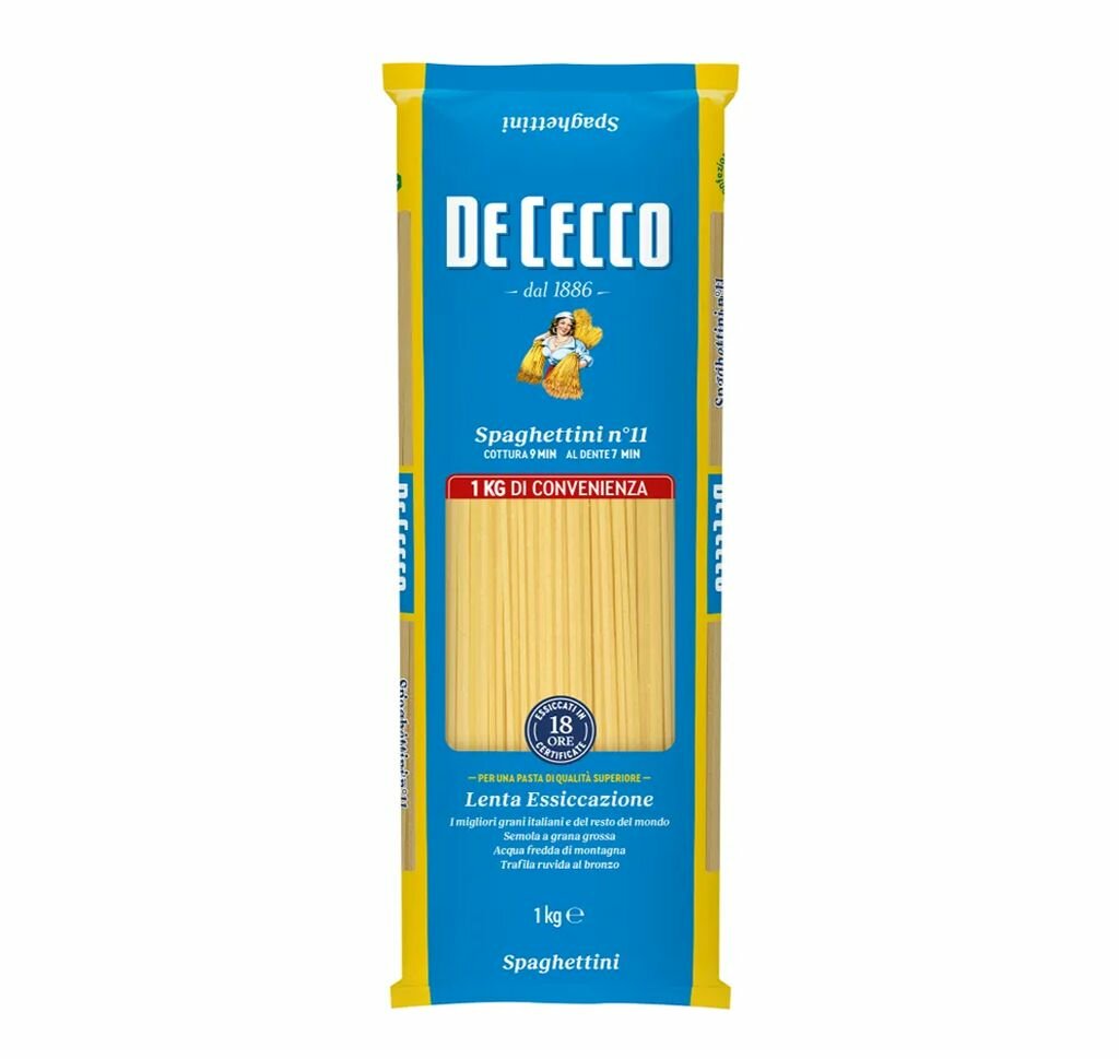 Паста Спагеттини "De Cecco" №11 Spaghettini, из твердых сортов пшеницы, 1 кг