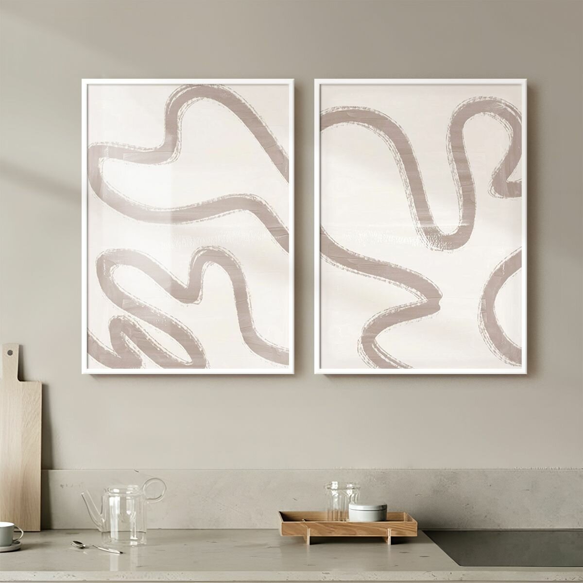 Постеры 2 шт "Темно-бежевые ленты" 50х70 без рамки набор картин для интерьера