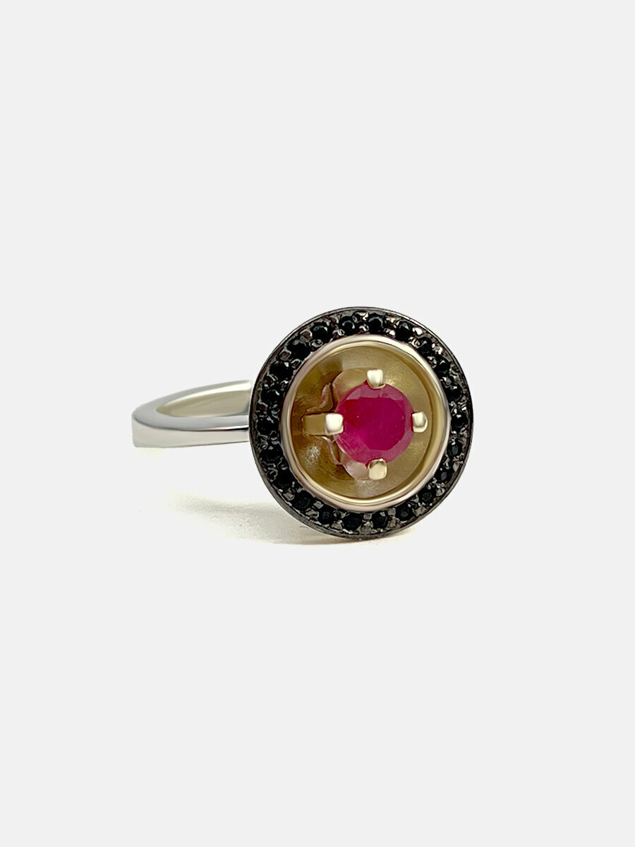 Кольцо, желтое золото, серебро, 925, 585 проба, родирование, рубин, шпинель