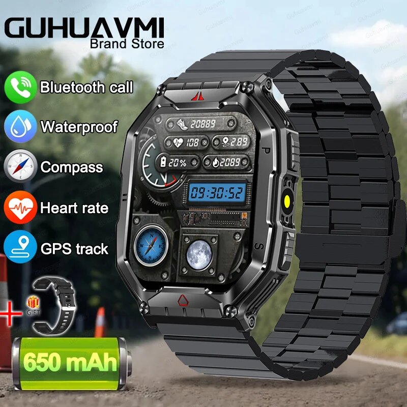 Мужские военные умные часы IP68 Fitness Tracker 2.10 дюйма Black Steel B