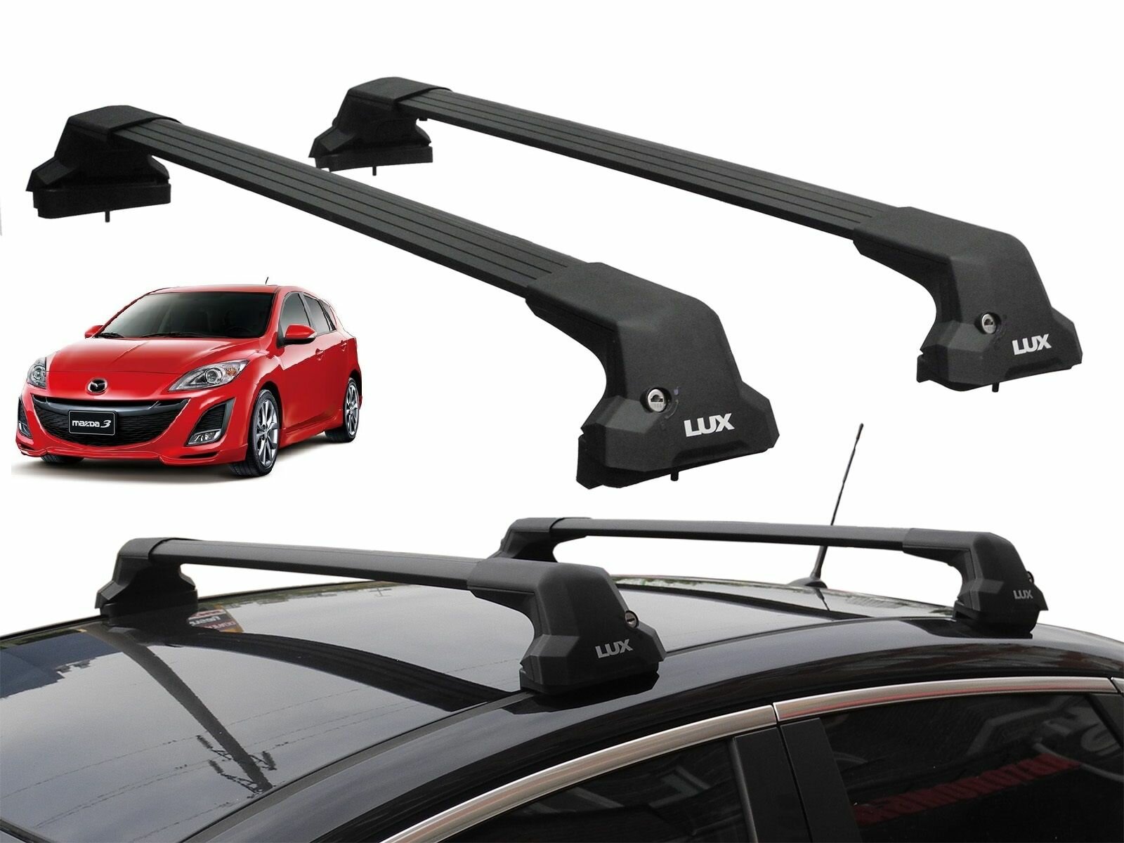 Багажник на крышу Мазда 3, хэтчбек, 2003-2013 (Mazda3 BK / BL, hatchback, 2003-2013), Lux City, черные дуги