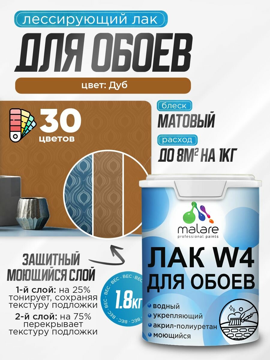 Лак колерованный тонирующий для защиты обоев Malare W4 универсальный для дерева и минеральных поверхностей, водный без запаха быстросохнущий, матовый, дуб, 1.8 кг.