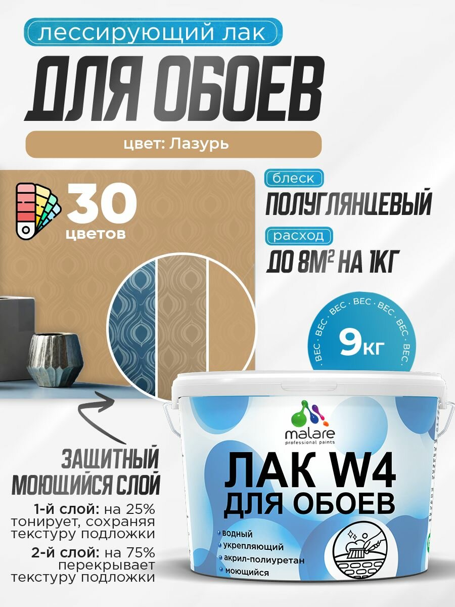 Лак колерованный тонирующий для защиты обоев Malare W4 универсальный для дерева и минеральных поверхностей, водный без запаха быстросохнущий, полуглянцевый, лазурь, 9 кг.