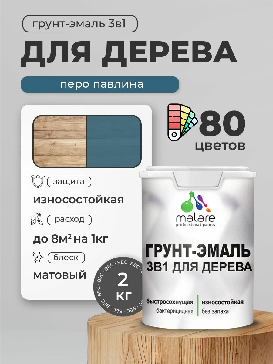 Акриловая Грунт-Эмаль 3 в 1 Malare для деревянных поверхностей/ краска по дереву с антисептическим эффектом/ быстросохнущая моющаяся без запаха матовая, перо павлина, 2 кг
