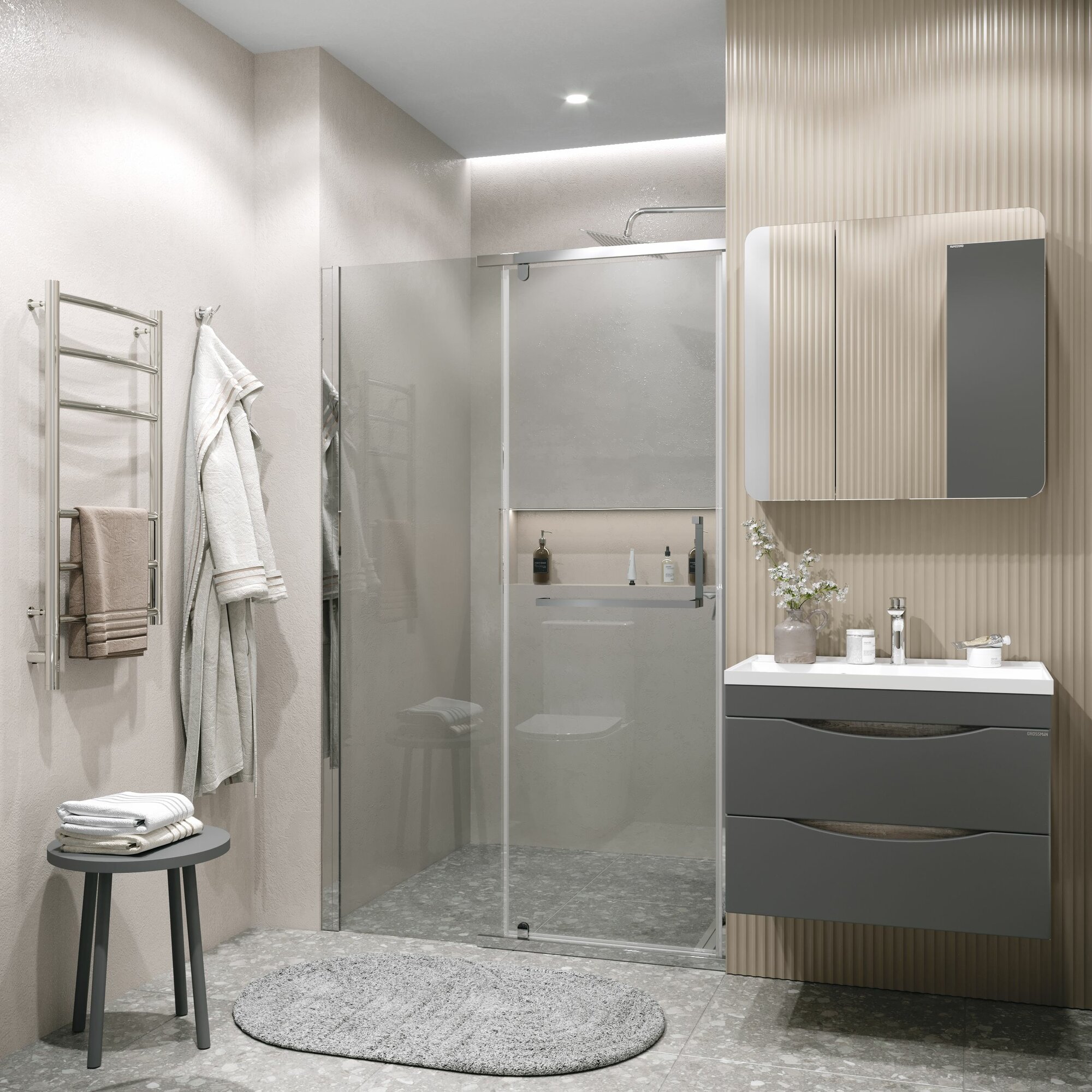 Дверь в нишу Grossman Pragma 100. K33.03.110.10.00 (110х195) хром, стекло прозрачное, распашная, 1 место