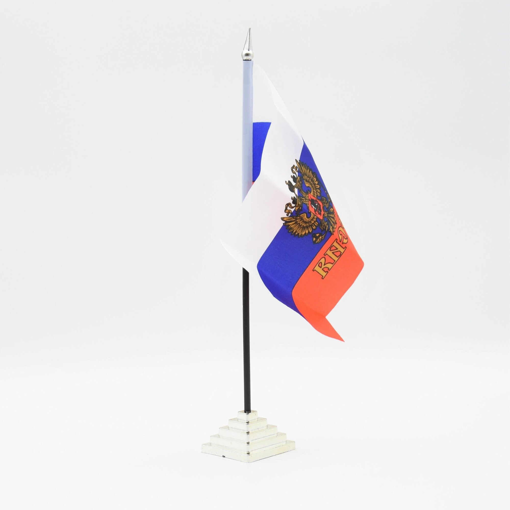 Флаг "Россия" с гербом, настольный, серебрянная подставка