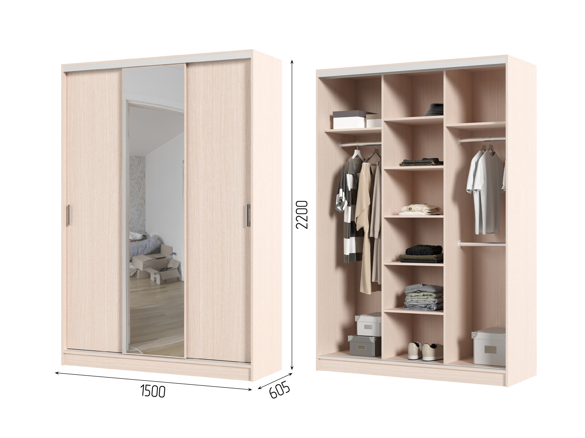 Шкаф-купе Альянс 1,5 м с зеркалом (1500*2200*610 мм) ЛДСП дуб белфорд
