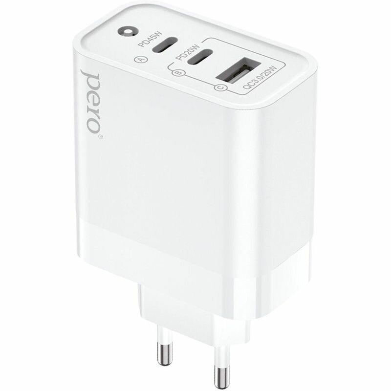 Зарядное устройство Pero Сетевое, TC17, QC 3.0, 2хUSB-C, PD, 65 Вт, белое (4603768351825)