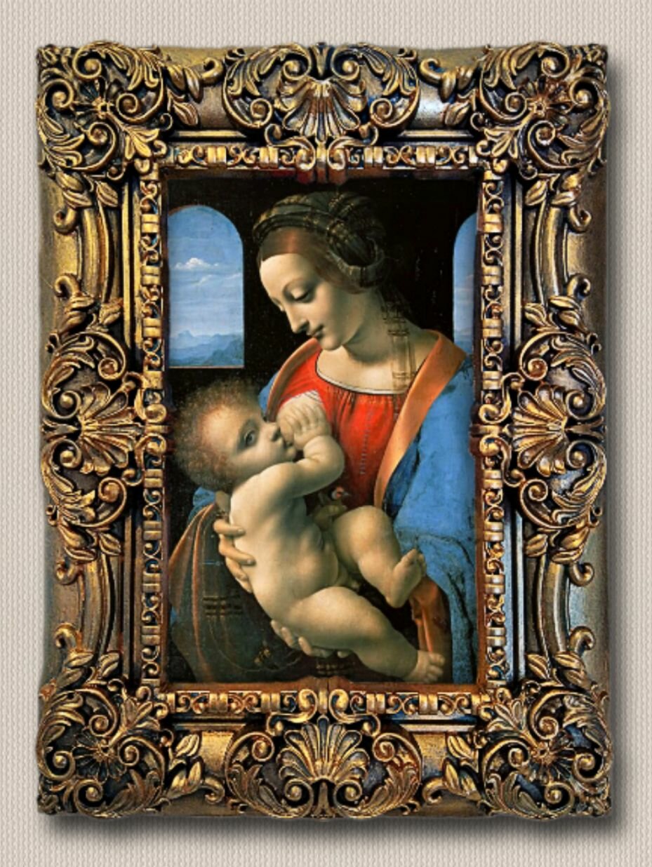 Картина "Мадонна с младенцем", "Мадонна Литта". Портрет. Леонардо да Винчи. В гипсовой раме ручной работы. Репродукция. Принт