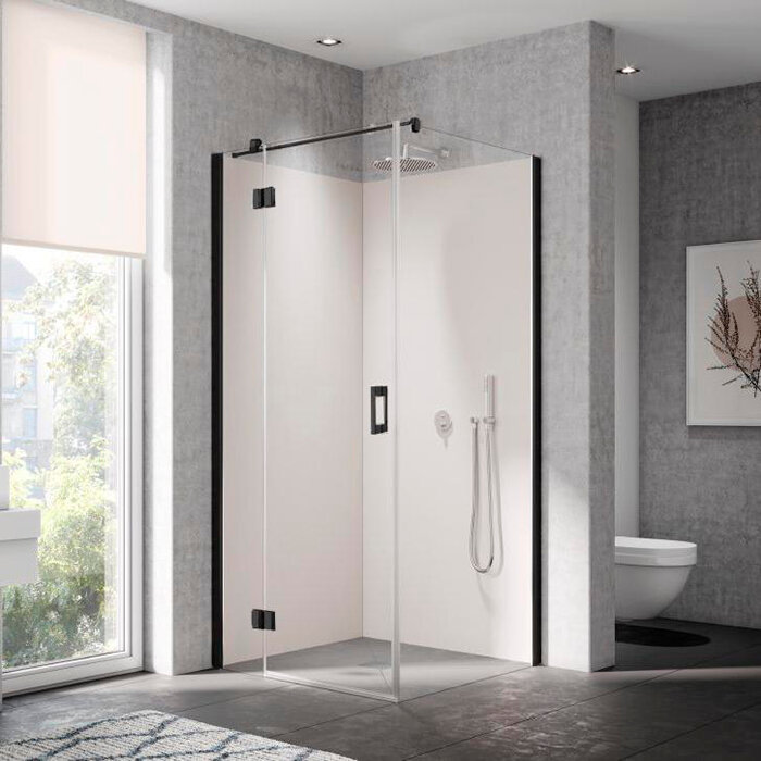 Kermi LIGA Дверь для угла c неп. частью 960-985х2000, петли слева, Schwarz Soft+прозрачное стекло+Ke