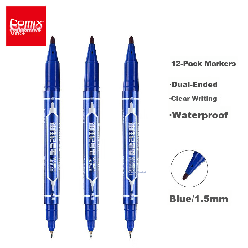 [Back to School Essential] Comix Quick-Drying Waterproof Dual-Tip Oil-Based Marker Pen/Highlighter, Blue, 12-Pack, MK804