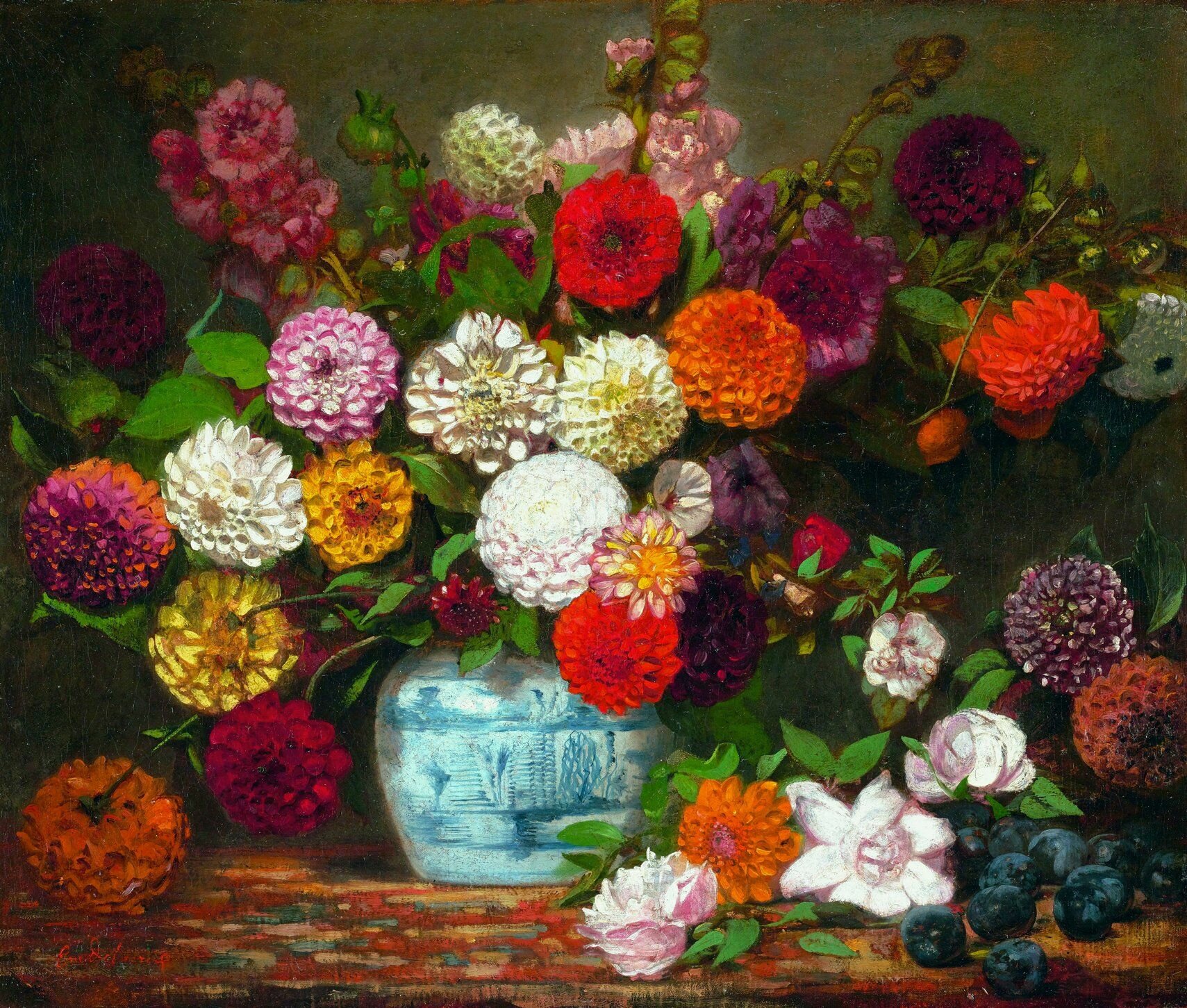 Картина Эжен Делакруа Натюрморт с георгинами, цинниями, мальвами и сливами 60х51 см