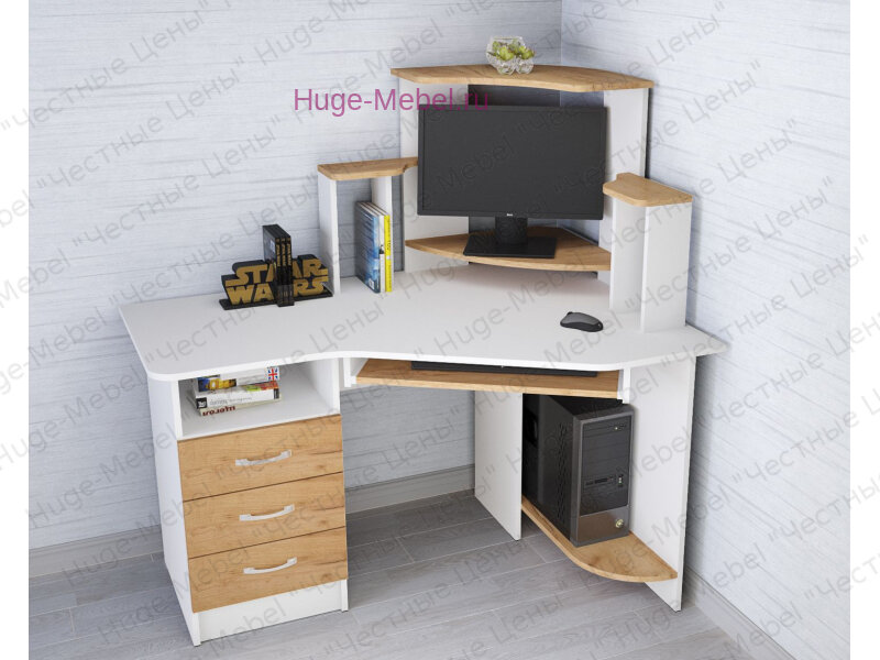 Угловой компьютерный стол "Грета-7 белый/крафт" Huge Mebel . Ширина 1300 Высота 1335. Столы компьютерные