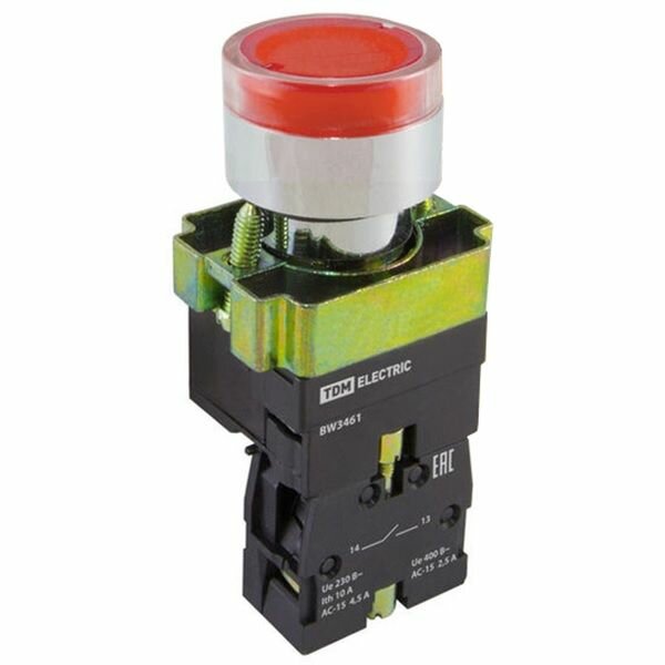 Кнопка SB2-BW3461 с возвратом, 1НО, d22 мм, с подсветкой 230 В LED, красная, IP40 TDM
