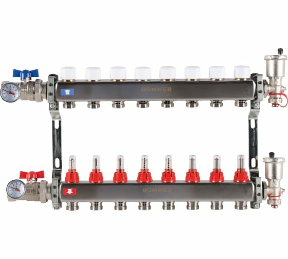 Коллектор из нержавеющей стали в сборе с расходомерами ROMMER 8 выходов RMS-1210-000008