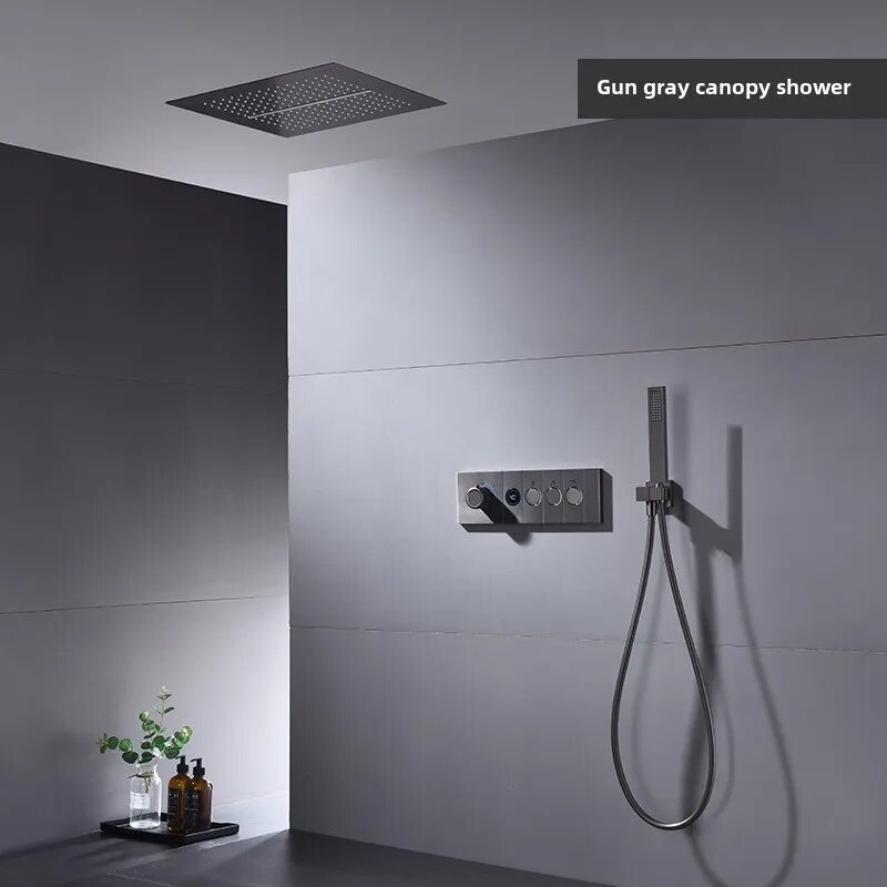 Белый термостатический настенный тропический душ с цифровым дисплеем, потолочный душ с водопадом, Gun Gray