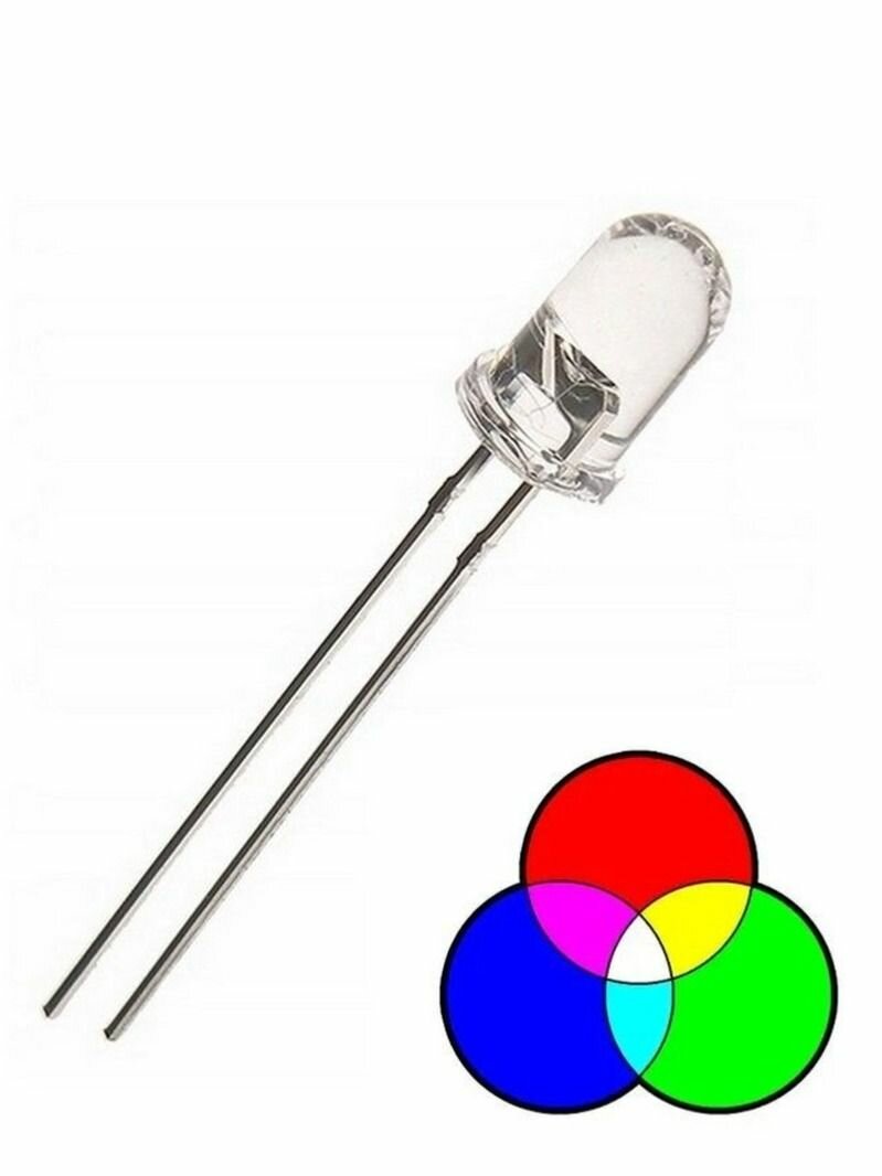 Светодиод RGB 5мм, красный/зеленый/синий, 2pin, быстрый цикл (комплект 5 шт)