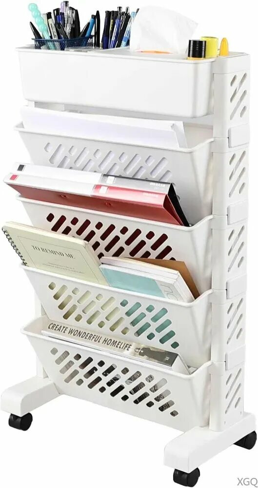 5-слойная передвижная книжная полка, книжный шкаф, съемная тележка для хранения папок на колесиках, подходит для домашнего кабинета, офиса, гостиной, классной комнаты, белыйXGQ